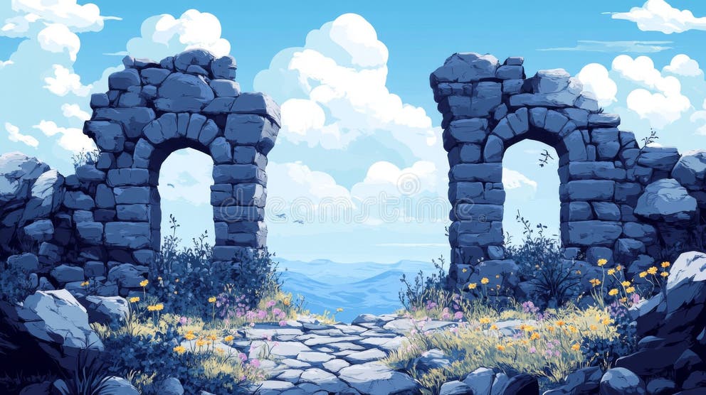 Stone Ruins Archway Path Landscape Pixel Art Stock Illustration ...