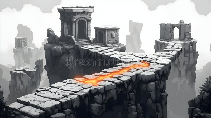 Stone Ruins on Elevated Pixel Art Platform with Lava Stream in a Gray ...