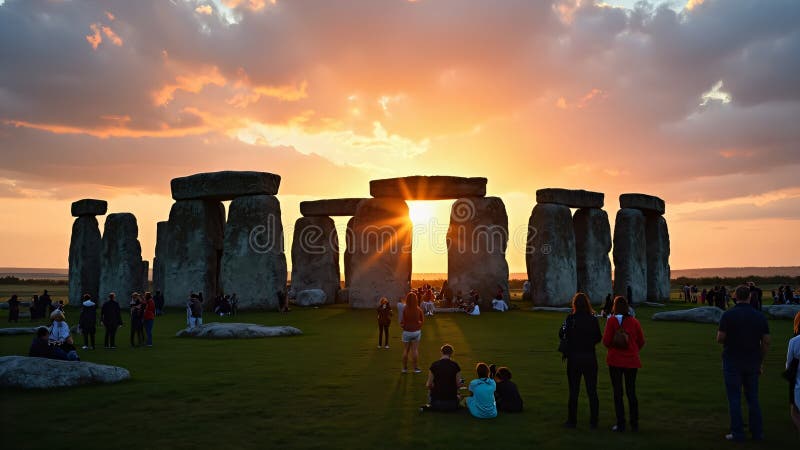 Stone Ruins Monument with People at Sunset Stock Illustration ...