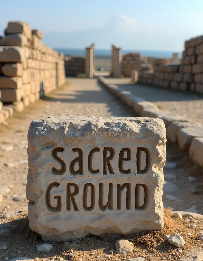 Stone Sacred Ground Sign with Ancient Ruins Backdrop Stock Illustration ...