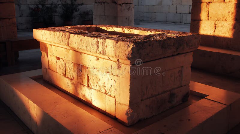 Stone Sarcophagus with Rectangular Shape, Roughly Chiseled Surface, and ...