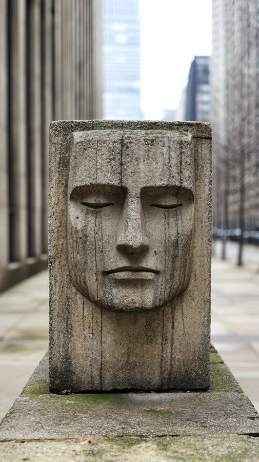 Stone Sculpture of Face in Urban Setting, Evoking Contemplation Stock ...