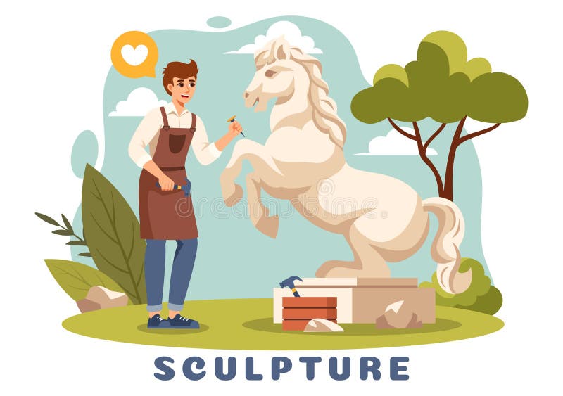 Stone Sculpture Vector Illustration Featuring a Craftsman Carving a ...