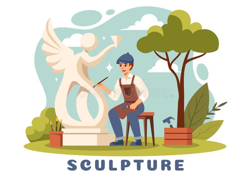 Stone Sculpture Vector Illustration Featuring a Craftsman Carving a ...