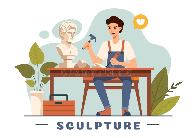 Stone Sculpture Vector Illustration Featuring a Craftsman Carving a ...