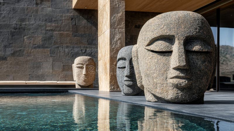 Stone Sculptures of Human Faces Near a Swimming Pool Stock Illustration ...