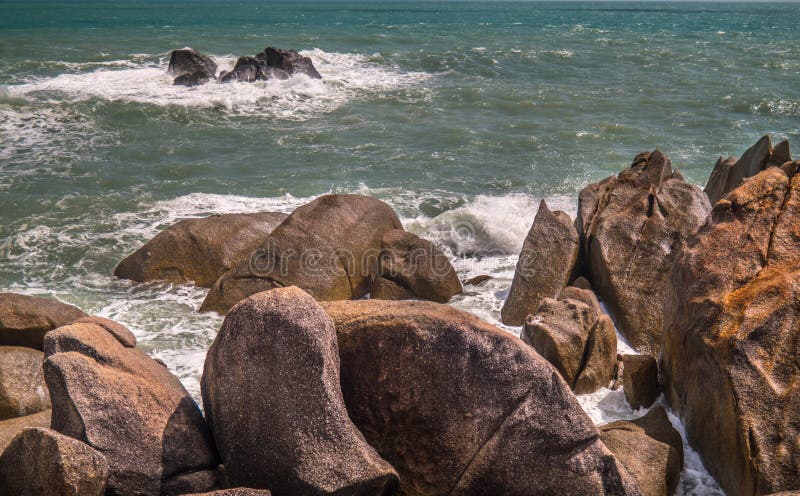 Stone and sea with waves stock photo. Image of landscape - 68484992