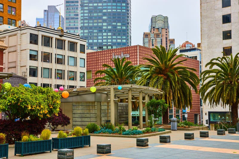 Stone Seating in Union Square with Hanging Lanterns on Building and San ...