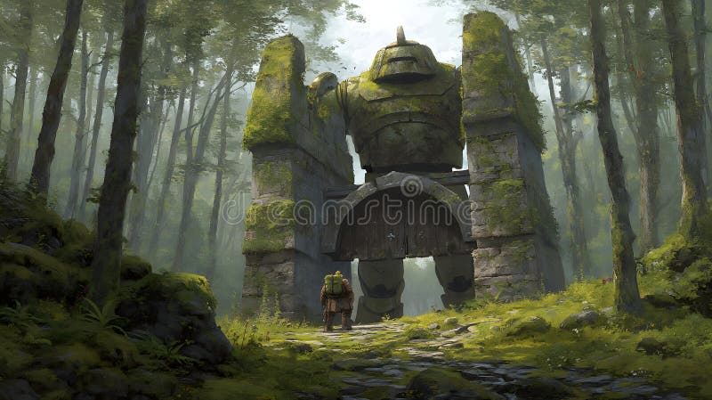 The Stone Sentinel: Moss-Clad Giant Forest Gate Stock Illustration ...