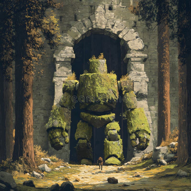 The Stone Sentinel: Moss-Clad Giant Forest Gate Stock Illustration ...