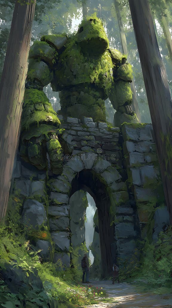 The Stone Sentinel: Moss-Clad Giant Forest Gate Stock Illustration ...