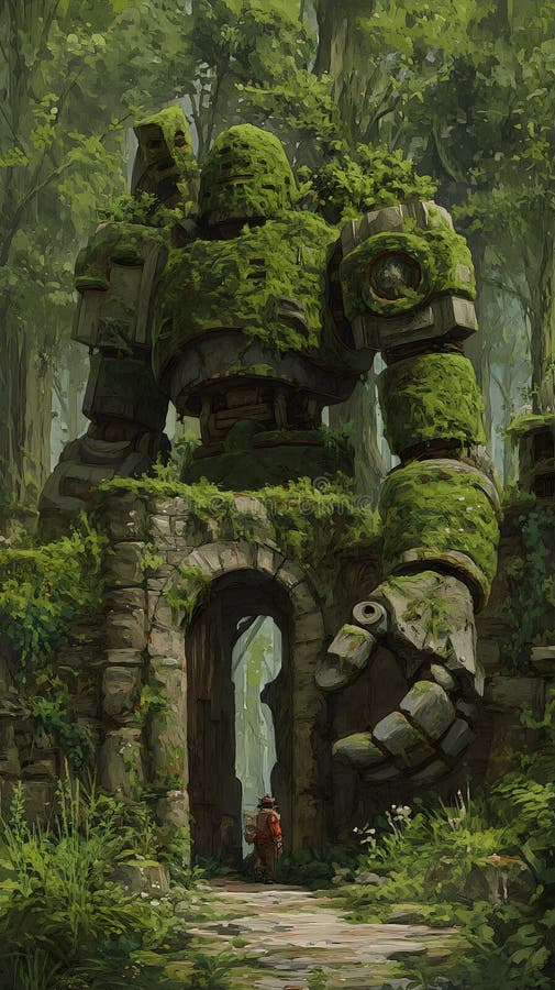 The Stone Sentinel: Moss-Clad Giant Forest Gate Stock Illustration ...