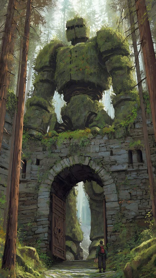 The Stone Sentinel: Moss-Clad Giant Forest Gate Stock Illustration ...