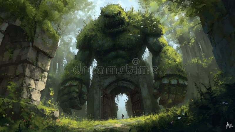 The Stone Sentinel: Moss-Clad Giant Forest Gate Stock Illustration ...