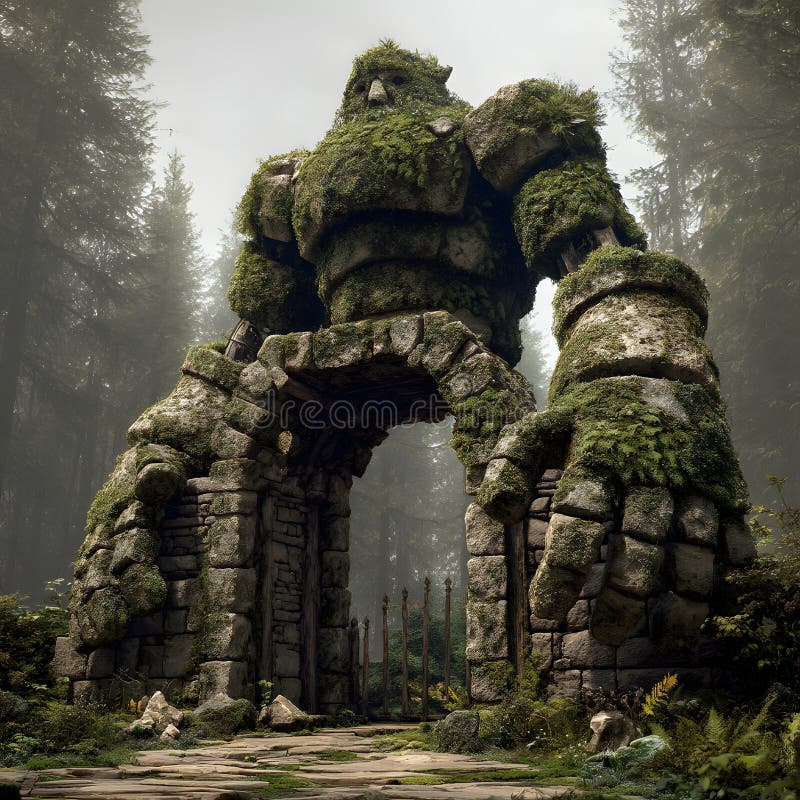 The Stone Sentinel: Moss-Clad Giant Forest Gate Stock Illustration ...