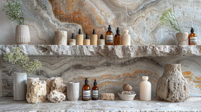 Stone Shelf Display with Natural Elements and Bottles Stock Photo ...