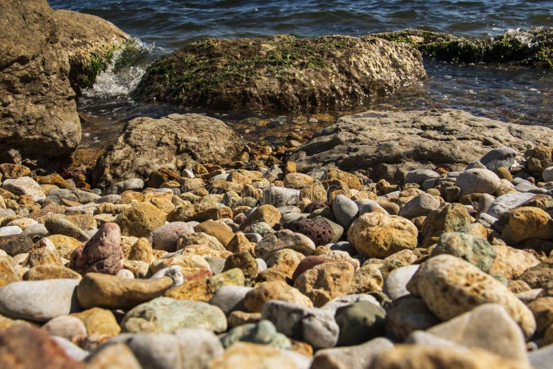 A stone shore by the sea stock photo. Image of summer - 255671786