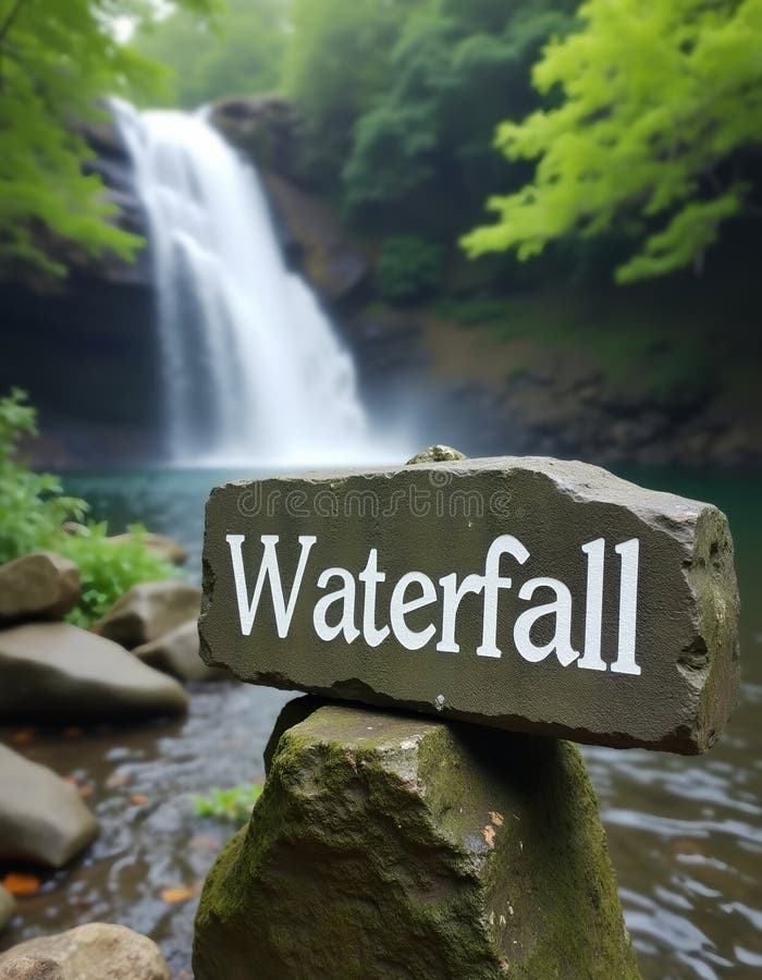 Stone Sign Waterfall with Cascading Waterfall Backdrop Stock ...