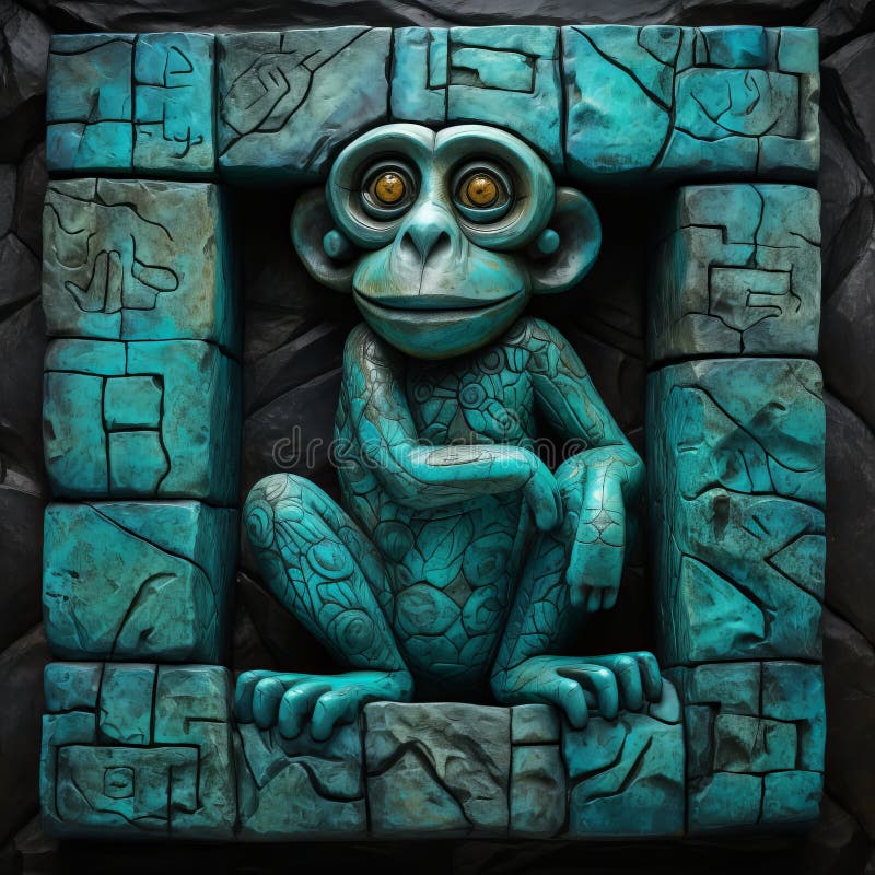 Teal Monkey in Turquoise Frame Mesoamerican-inspired Stone Wall Art ...