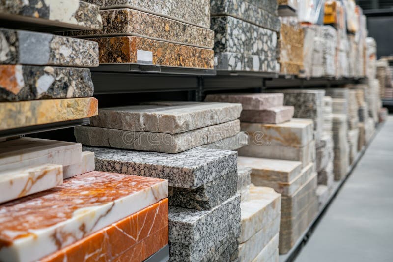 Stone Slabs are Neatly Arranged on Shelves, Showcasing Diverse Colors ...