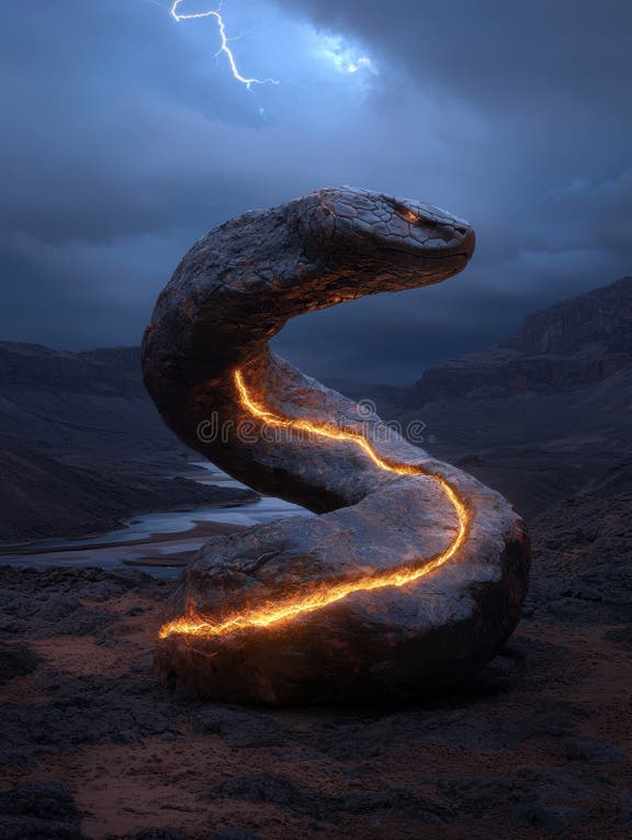 Stone Snake with Glowing Cracks in a Desolate Landscape Under a Stormy ...