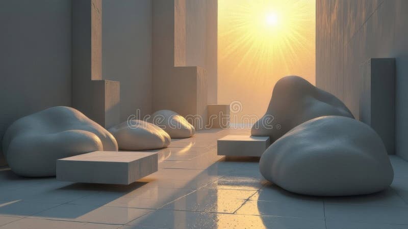 Stone Spheres in a Gray Room with Rays of Light Stock Illustration ...