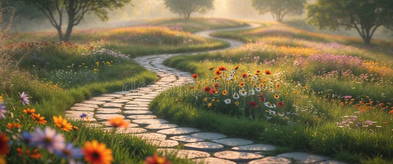 Stone Spiral Path in a Wildflower Meadow Stock Image - Image of ...