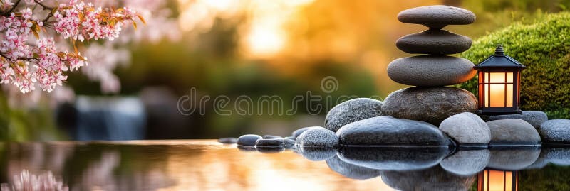 Stone Stack Balanced Next To Glowing Lantern by Calm Water Reflecting ...