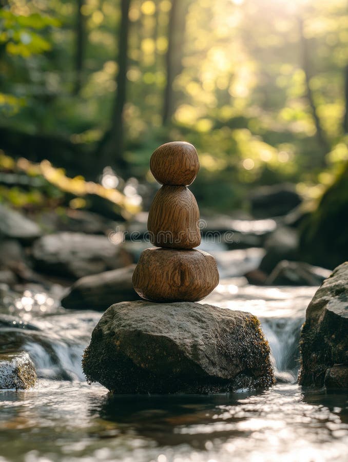 A Stone Stack Balanced on a Rock in a Serene Forest Stream. Stock Image ...