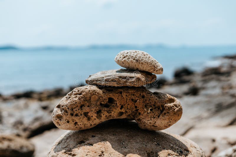 Stone stack on the beach stock image. Image of stability - 183773365