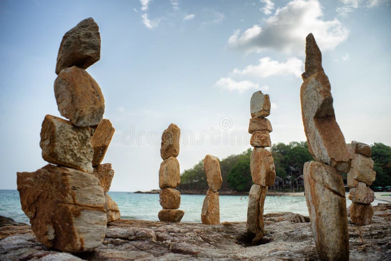 Stone Stack on Beach in Samed, Thailand. Cloudy and Big Waves Stock ...