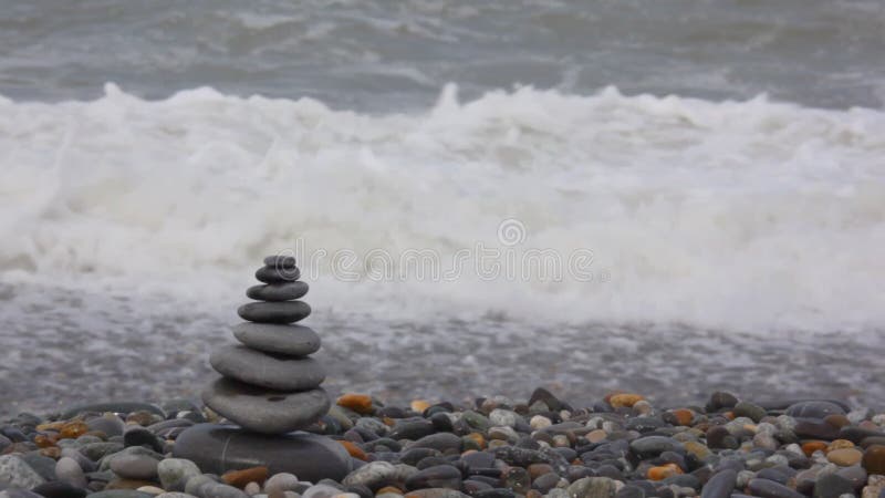 Stone Stack on Pebble Beach, Waving Sea in Stock Video - Video of stack ...