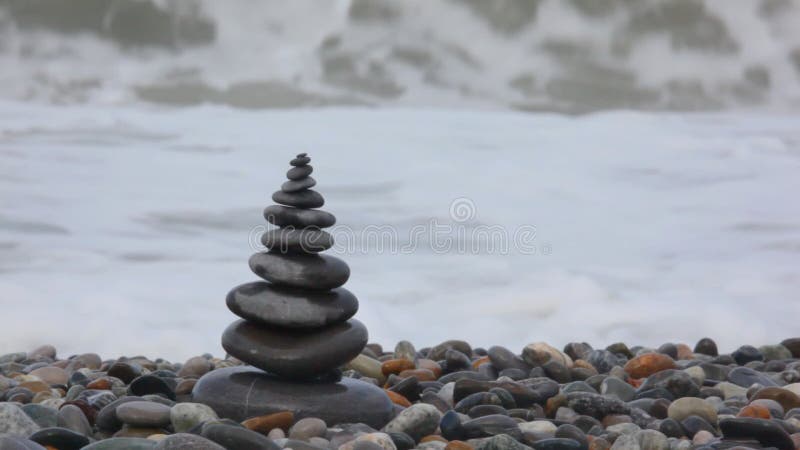 Stone Stack on Pebble Coast, Waving Sea in Stock Video - Video of yang ...