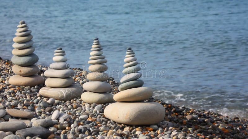 Stone Stack on Pebble Seacoast, Waving Sea in Stock Video - Video of ...