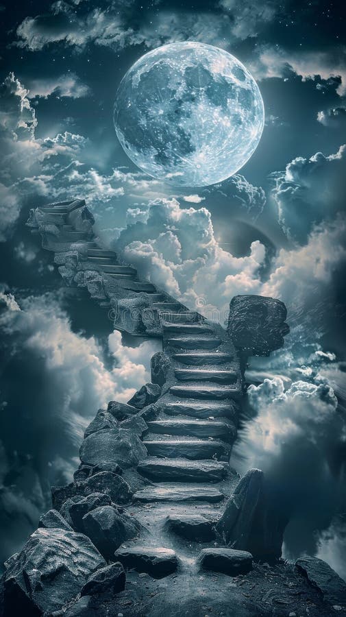 Stone Staircase Ascending through Clouds Towards a Full Moon, Surreal ...