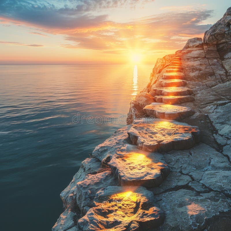 Stone Stairs Ascend Ocean Cliffside Towards Setting Sun, Illuminating ...