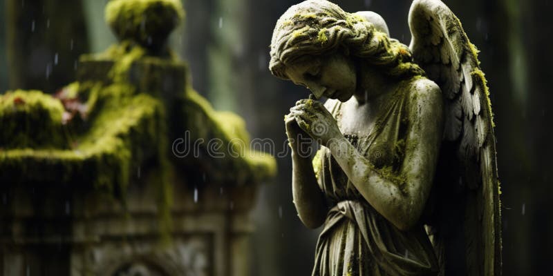 Stone Statue of an Angel Weeping, Set in an Old Cemetery Covered in ...