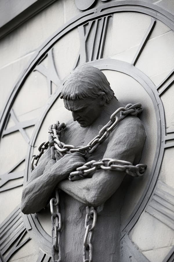 Stone Statue of Enchained Man Against Clock Background Stock Image ...