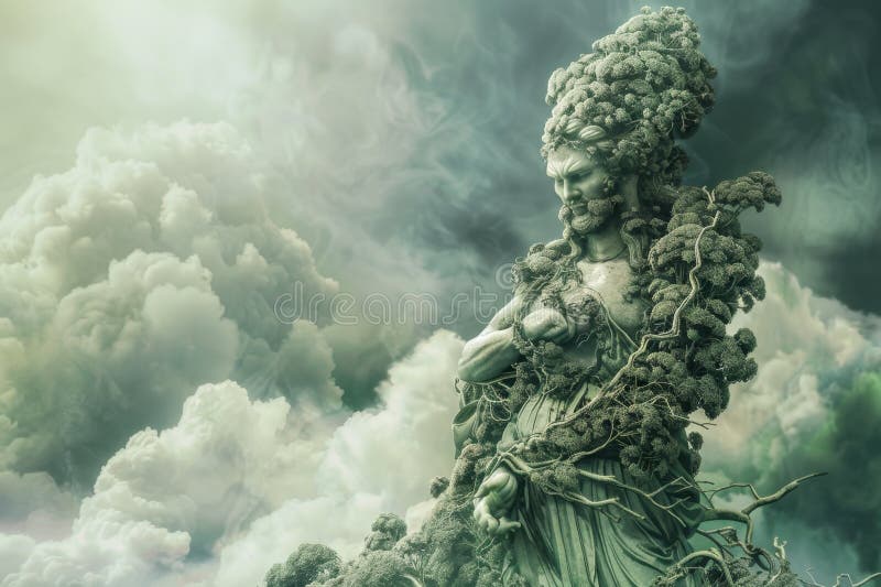 Stone Statue Overgrown with Trees and Vines in a Cloudy Sky Stock ...