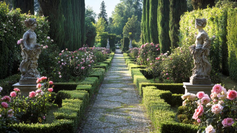 Stone Statues Flanking a Cobblestone Pathway through a Rose Garden Stock Illustration ...
