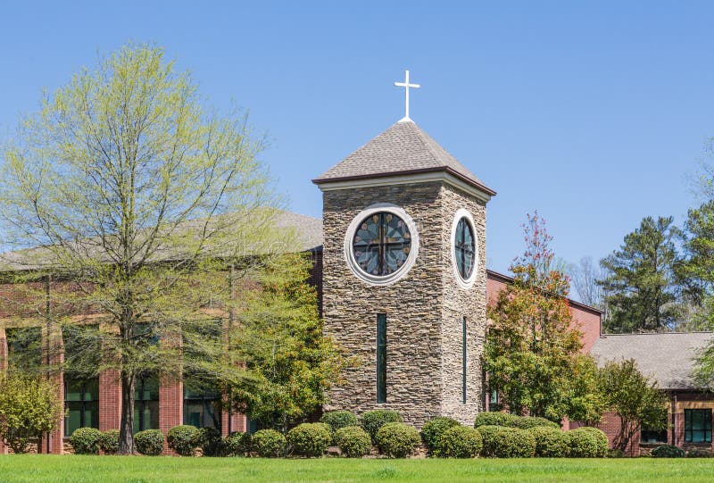 Old Stone Church On Hill With Wood Shingle Steeple Stock Photo - Image ...