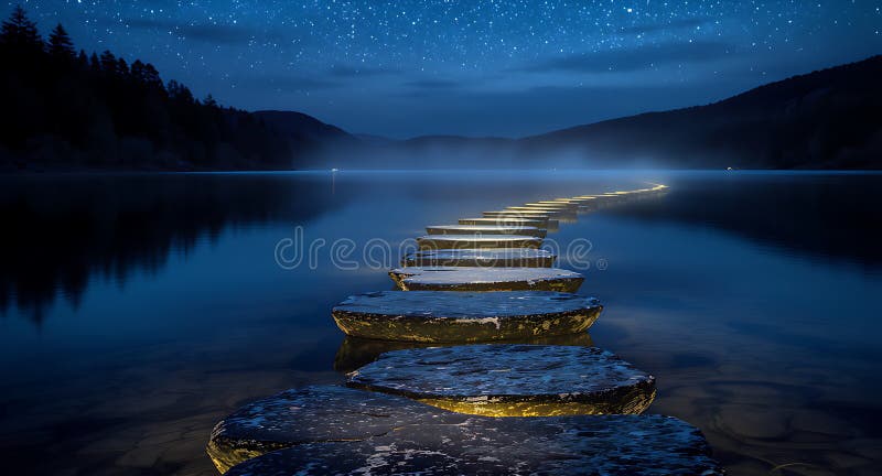 Stone Stepping Path in Water Leading Towards Starry Sky Horizon Stock ...