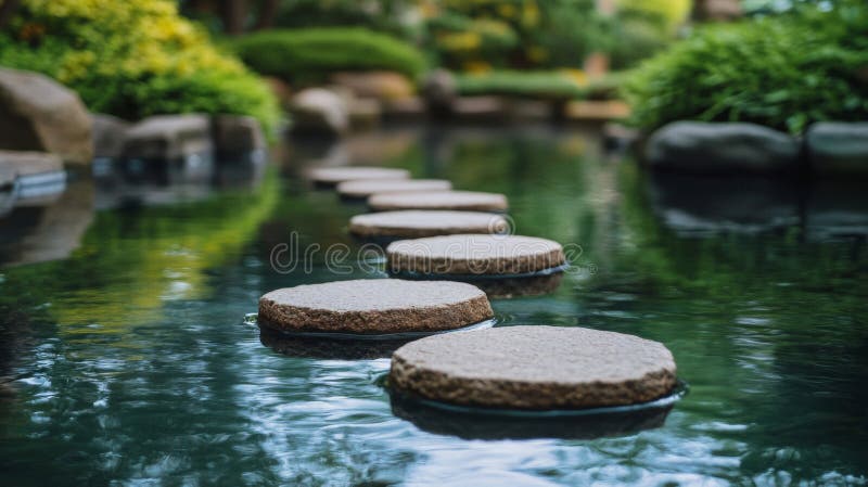 Stone Stepping Stones Across Serene Pond Water Stock Illustration ...