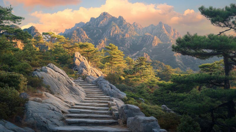 Stone Steps Ascending Majestic Mountain Landscape Stock Illustration ...