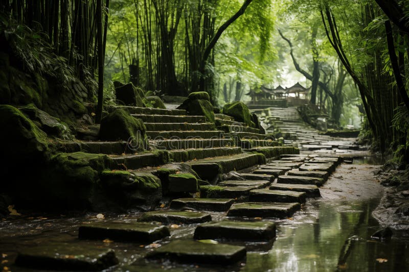 Stone Steps in a Bamboo Grove, Japanese Style Garden Stock Illustration ...