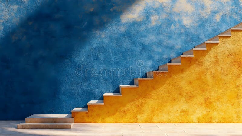 Stone Steps on Blue and Yellow Wall 3D Illustration Stock Illustration ...