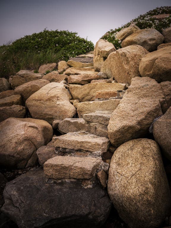 Stone Steps at the Cliff on the Beach on Cape Cod, Low Angle View Stock ...