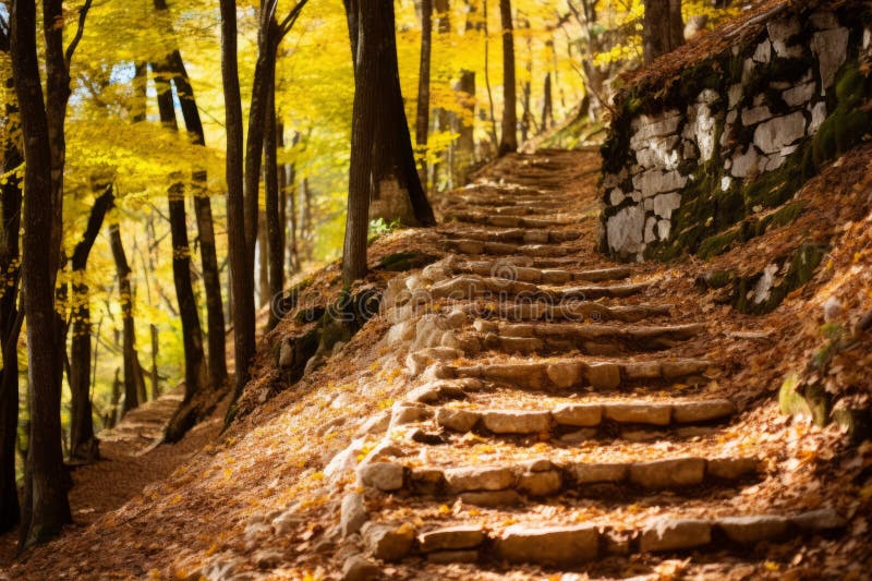 Stone Steps in the Forest with Autumn Leaves on the Ground Stock ...