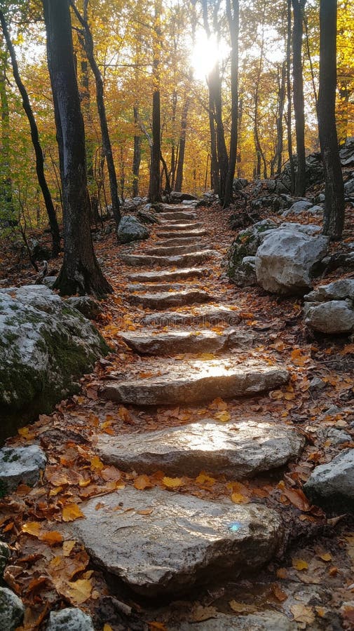 Stone Steps in a Forest with Golden Leaves Photo Stock Illustration ...
