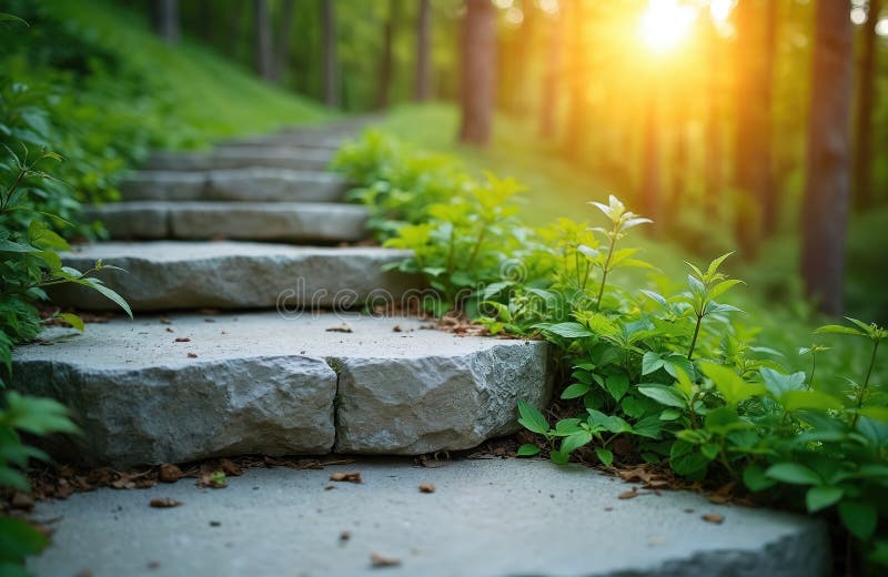 Stone Steps Lead through Rich Green Forest at Sunrise. Tranquil Natural ...